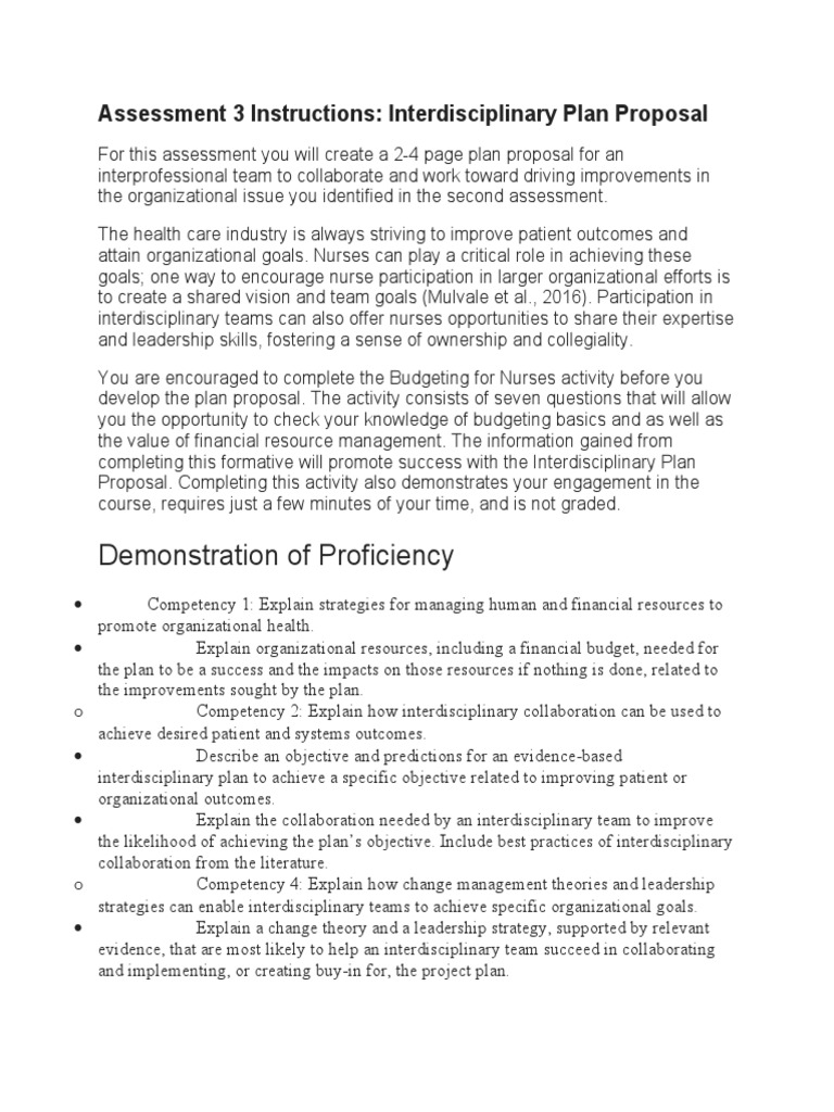 Demonstration of Proficiency: Assessment 3 Instructions: Interdisciplinary Plan Proposal ...