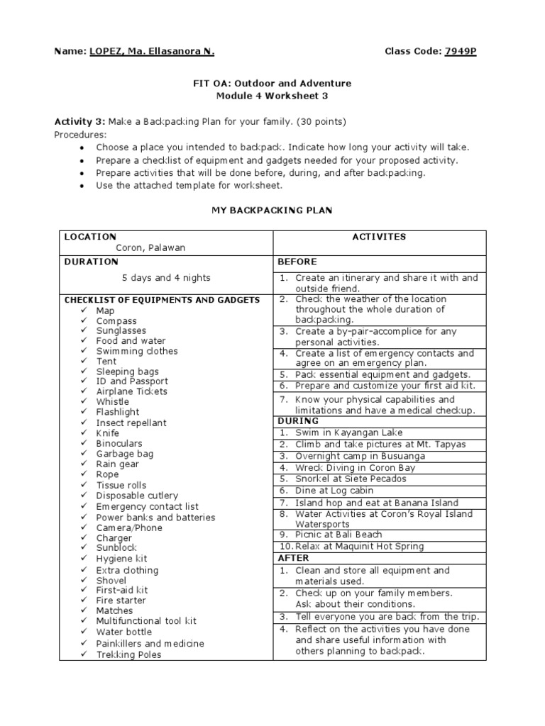 Backpacking Plan | PDF | Outdoor Recreation