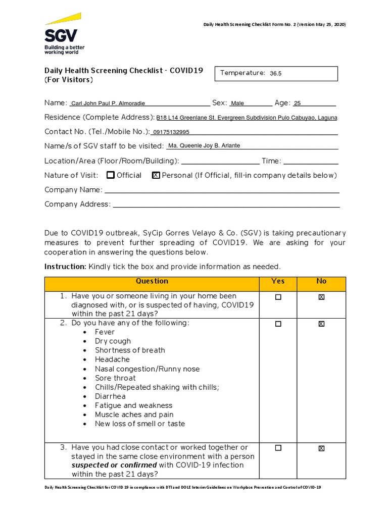 SGV Health Declaration Form Visitor Accomplished Form | PDF ...
