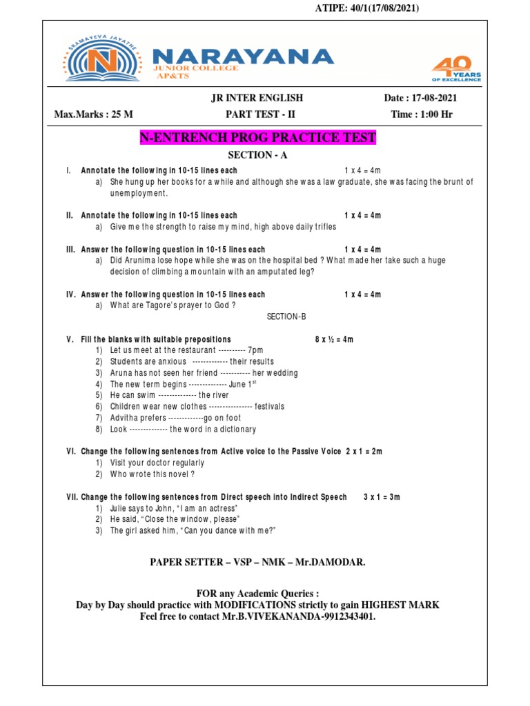 PT-II, (21-22) ENGLISH - Examination For AP SR. Intermediate, Class XII ...