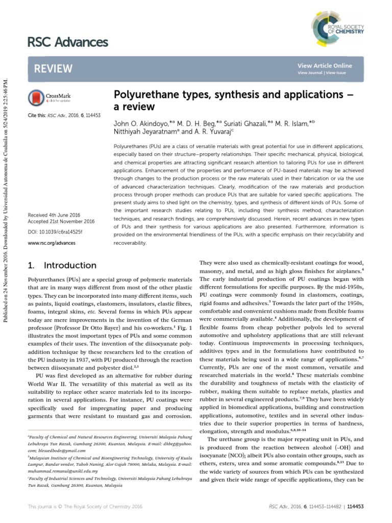 Polyurethane Types, Synthesis and Applications - A Review | PDF | Polyurethane | Chemistry