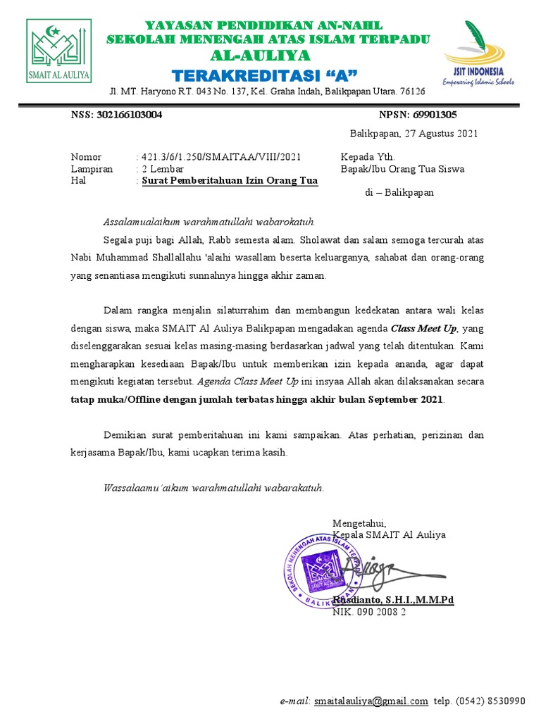 Surat Pemberitahuan Meet Up Siswa | PDF