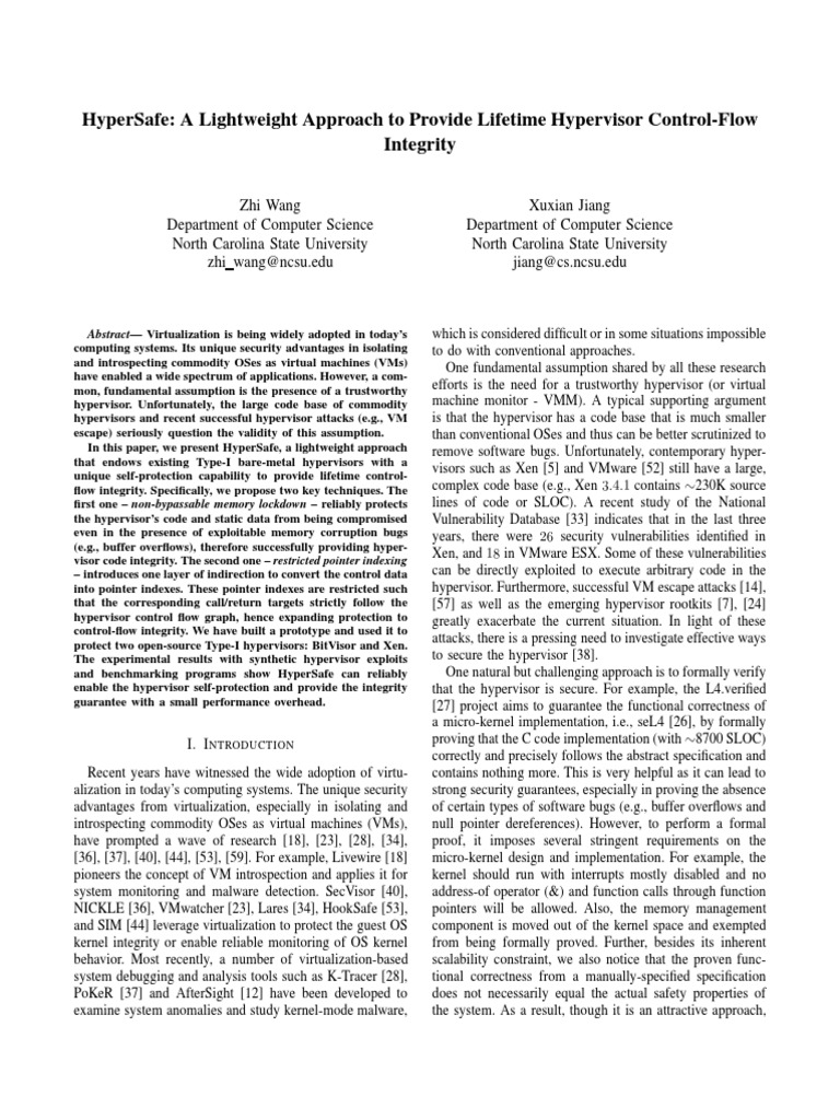 Hypersafe: A Lightweight Approach To Provide Lifetime Hypervisor Control-Flow Integrity | PDF ...