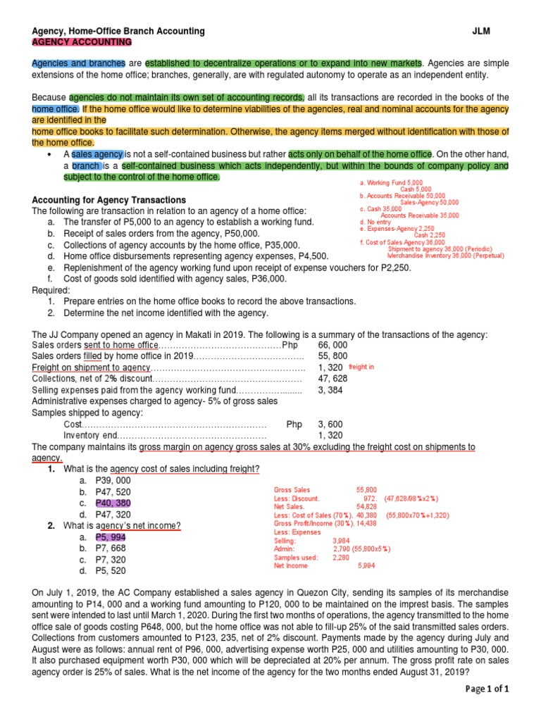 Agency, Home-Office Branch Accounting JLM Agency Accounting: Page 1 of ...