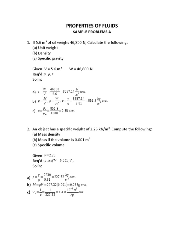 Properties of Fluids: Sample Problems A | PDF | Weight | Density
