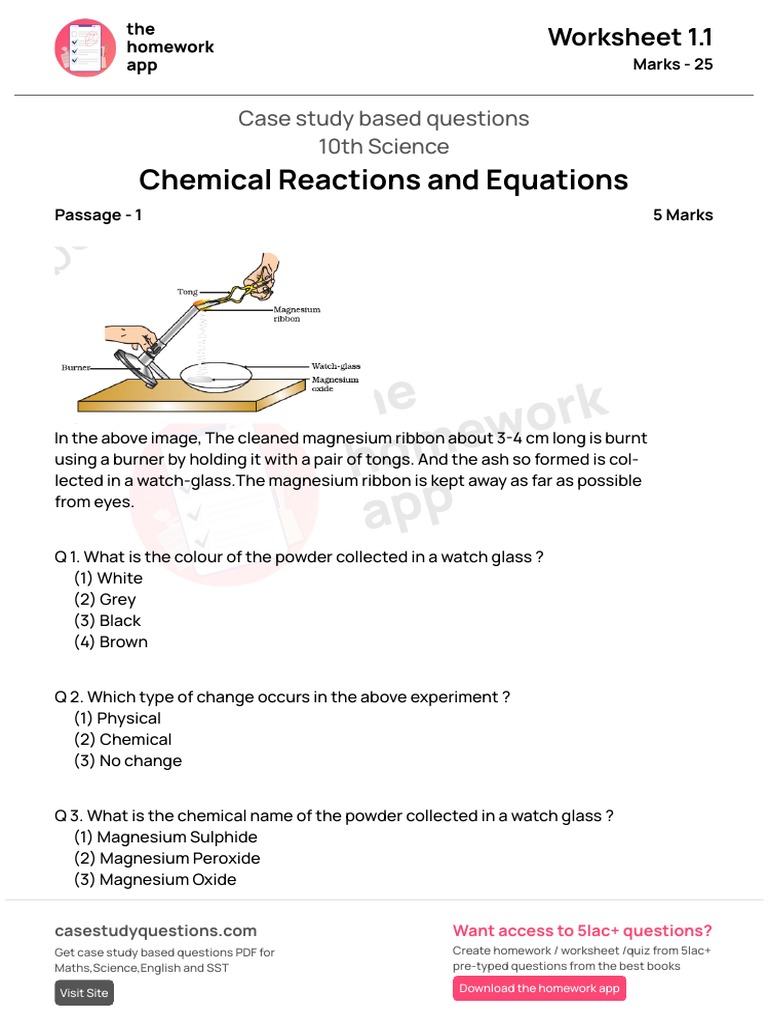 (Worksheet 1.1) - (Chemical Reactions and Equations) | Download Free ...