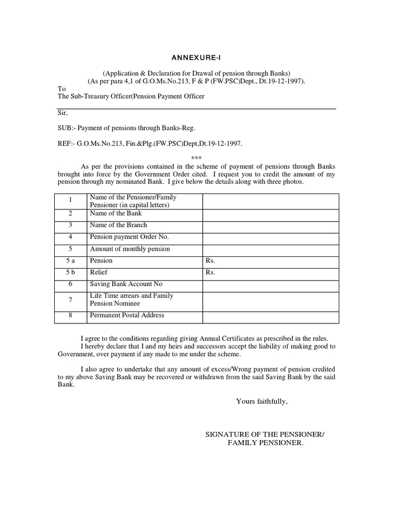 Application For Drawal of Pension Through Banks | PDF
