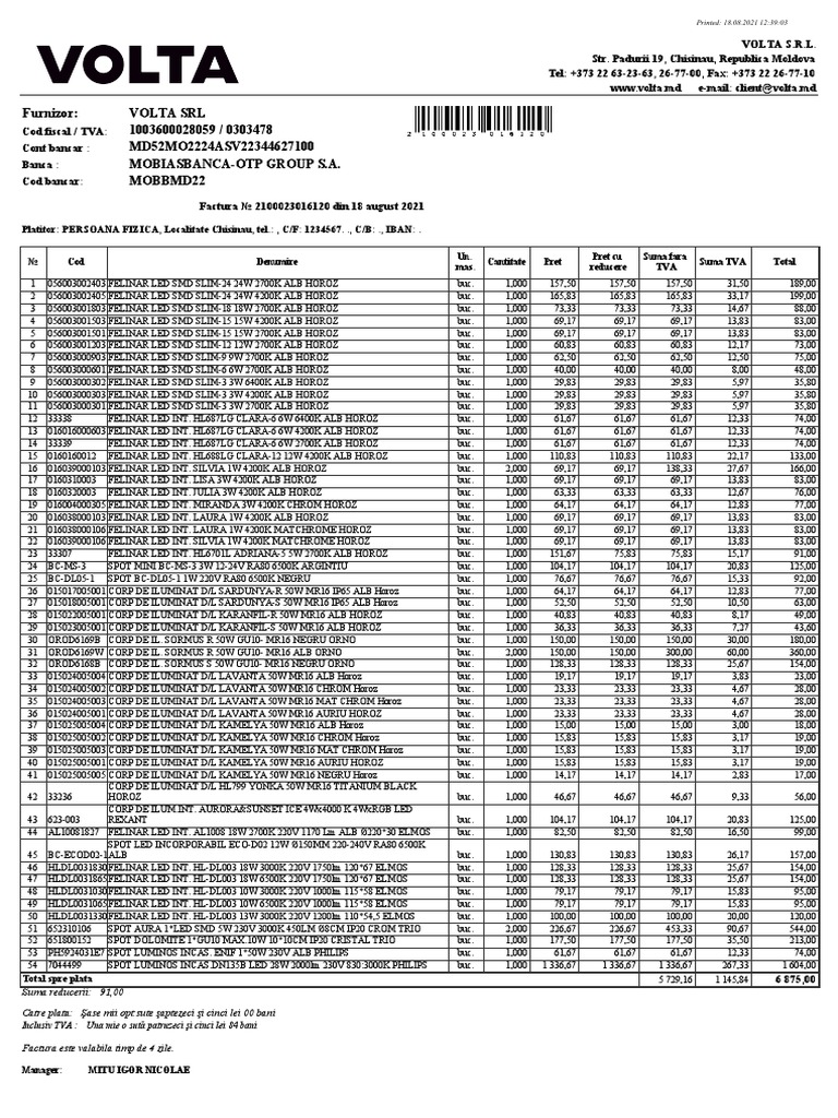 LED Lighting Invoice VOLTA S.R.L. | PDF