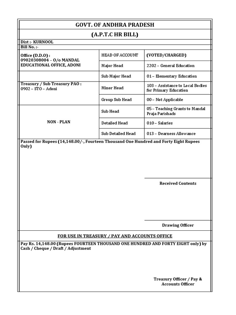 Govt. of Andhra Pradesh (A.P.T.C HR Bill) : For Use in Treasury / Pay ...