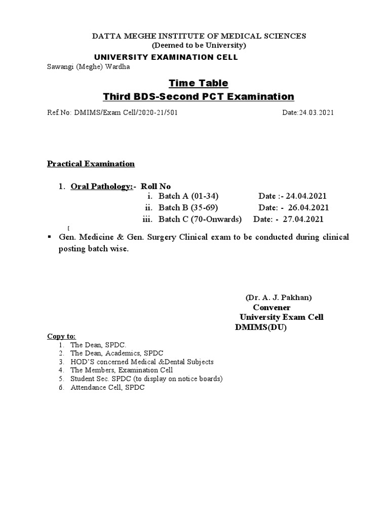 Time Table Third BDS-Second PCT Examination: Practical Examination ...
