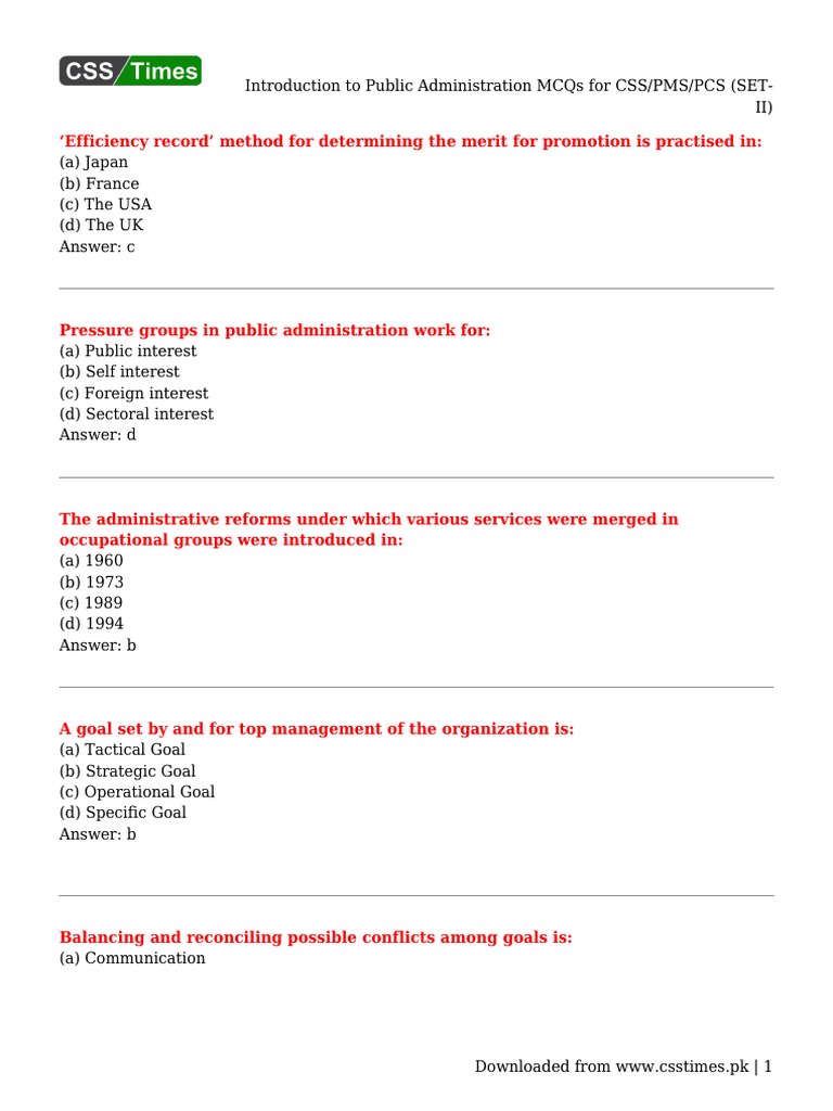 Introduction To Public Administration MCQs For CSS - PMS - PCS (SET-II) | PDF | Human Nature