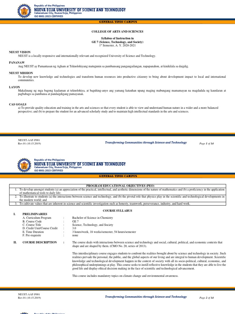 GE7 Syllabus 1st Sem AY 2020 2021 | PDF | Science | Nanotechnology