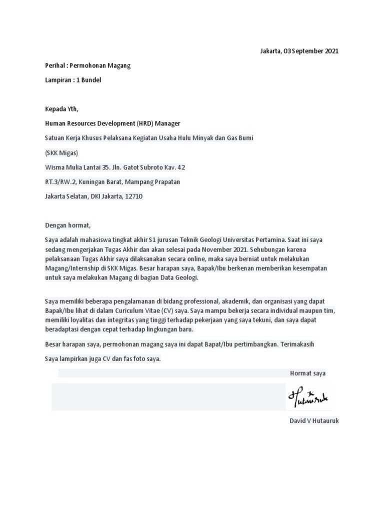Surat Permohonan Magang - David V Hutauruk | PDF | Karier & Perkembangan