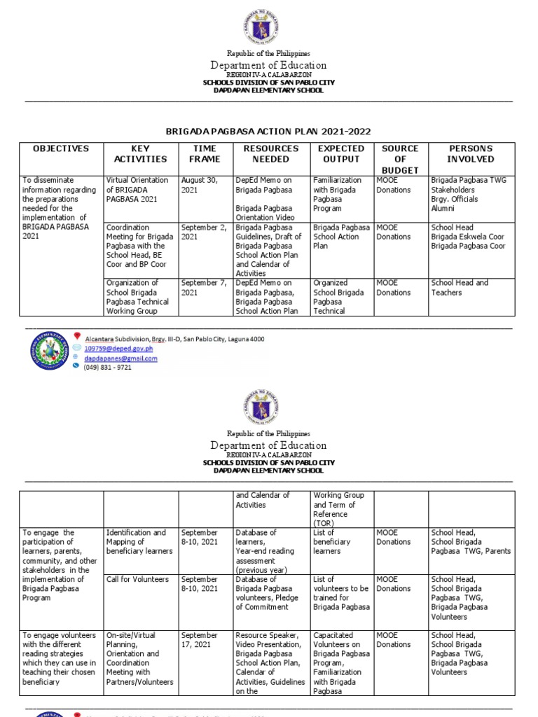 Dapdapan ES Brigada Pagbasa Action Plan | PDF