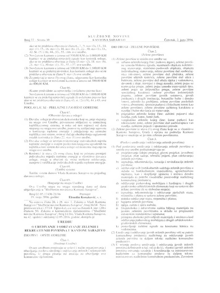 Uredba o Uredivanju I Odrzavanju Zelenih I Rekreativnih Povrsina U Kantonu Sarajevo 0 | PDF