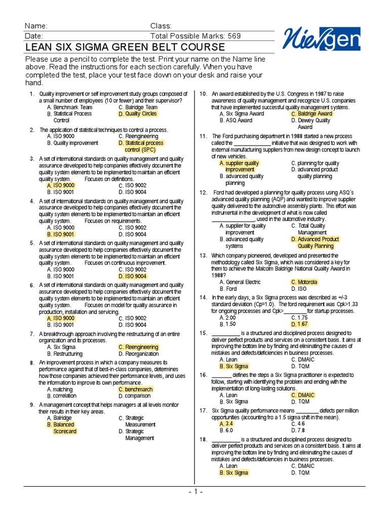 Lean Six Sigma Green Belt Exam Guide | PDF | Quality (Business) | Six Sigma