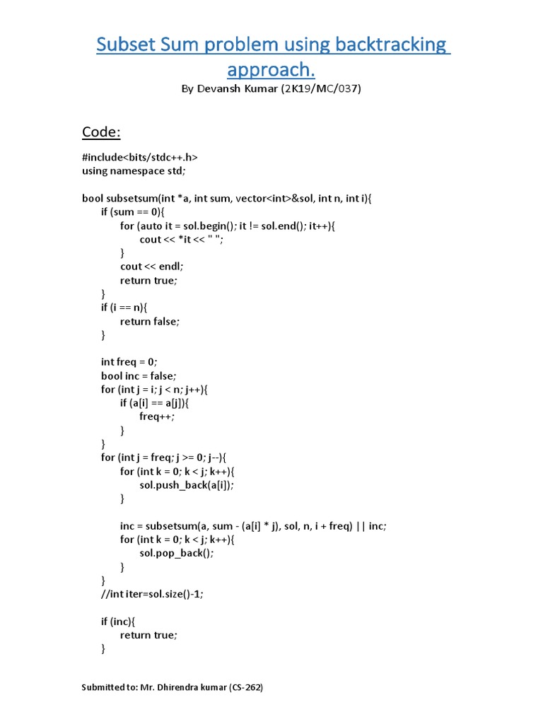 Subset Sum Problem Using Backtracking Approach.: Code | PDF Subset Sum Problem Using Backtracking Approach.: Code | PDF