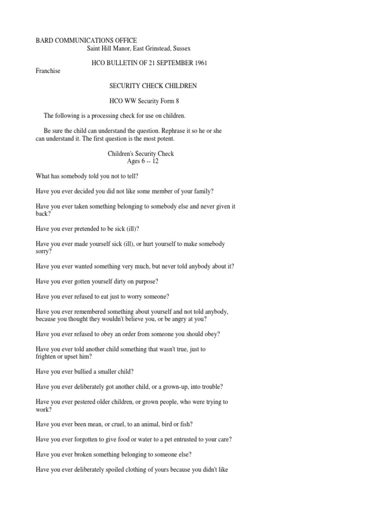 Scientology Childrens Security Check | PDF | Wellness