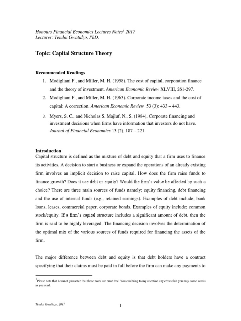 Topic: Capital Structure Theory: Honours Financial Economics Lectures ...