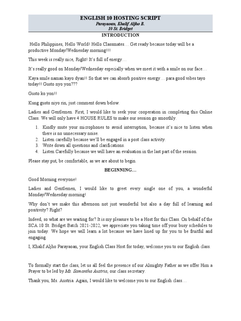 English 10 Hosting Script: Parayaoan, Khalif Aljho B. 10 St. Bridget ...