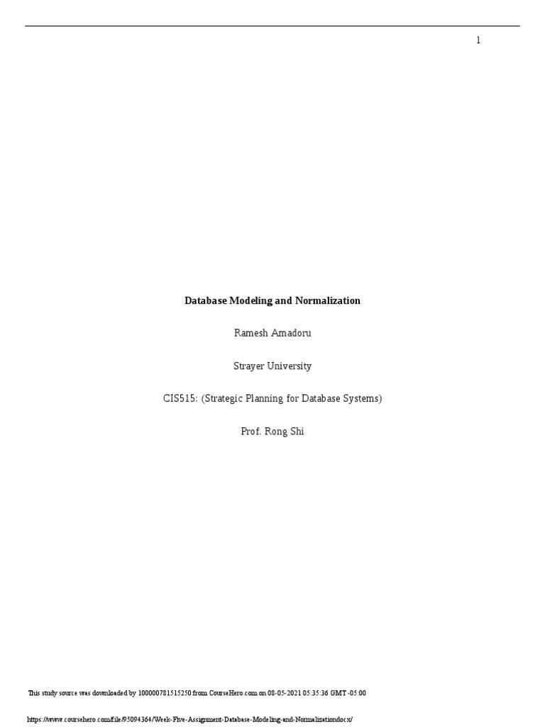 Week Five Assignment Database Modeling And Normalization Pdf
