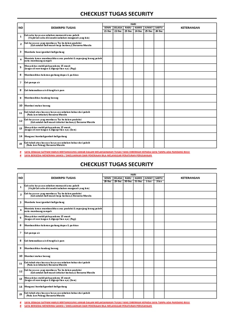 CHECKLIST TUGAS SATPAM (Langsung Buat 1 TH, Jekrek Setiap 1 Bulan | PDF