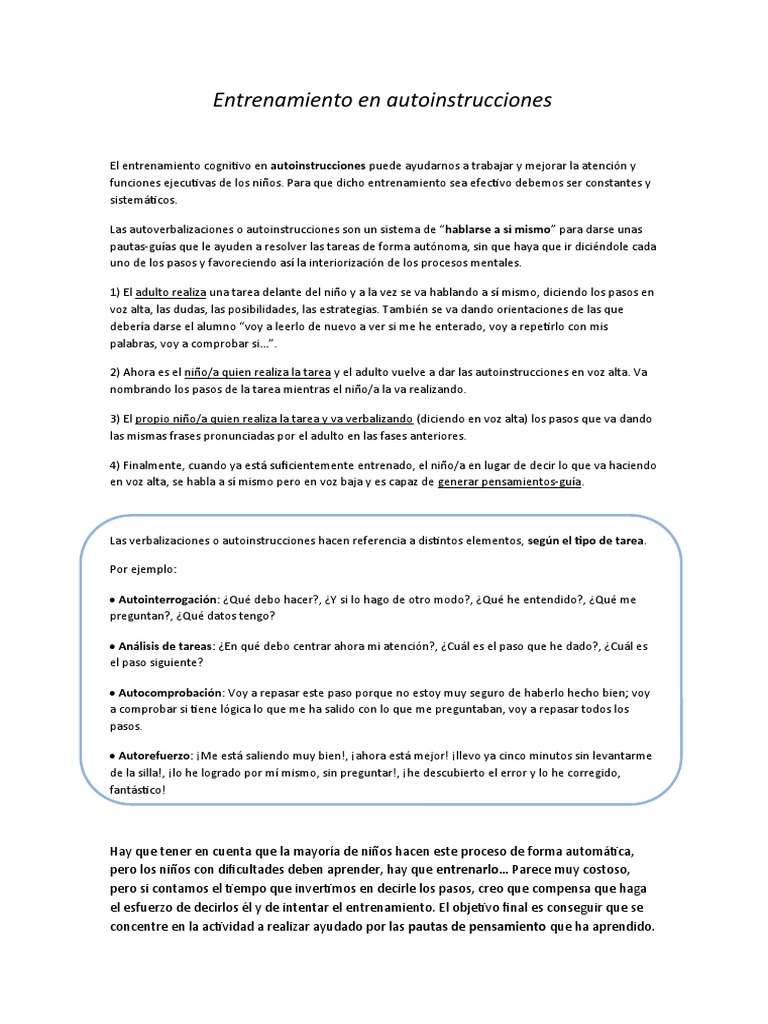 Entrenamiento en Autoinstrucciones para Niños | PDF | Cognición ...