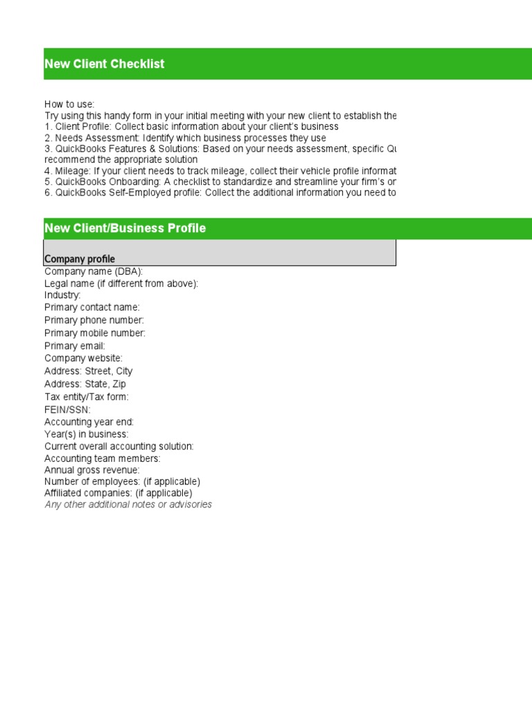 New Client Checklist: Company Profile | PDF | Quick Books | Accounts ...