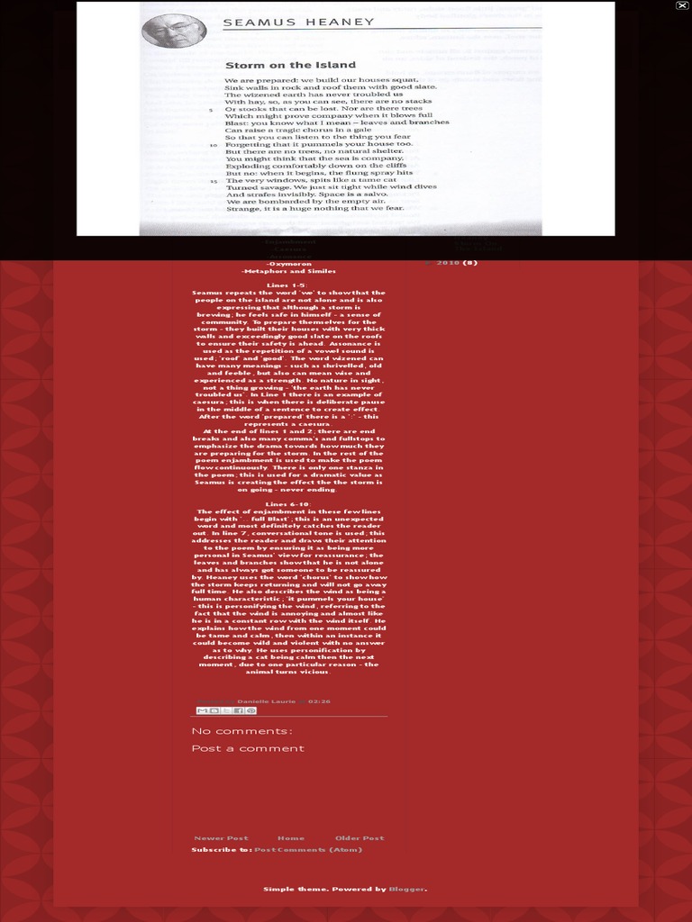 DanielleREnglishlit Seamus Heaney - Storm On The Island | PDF | Poetry