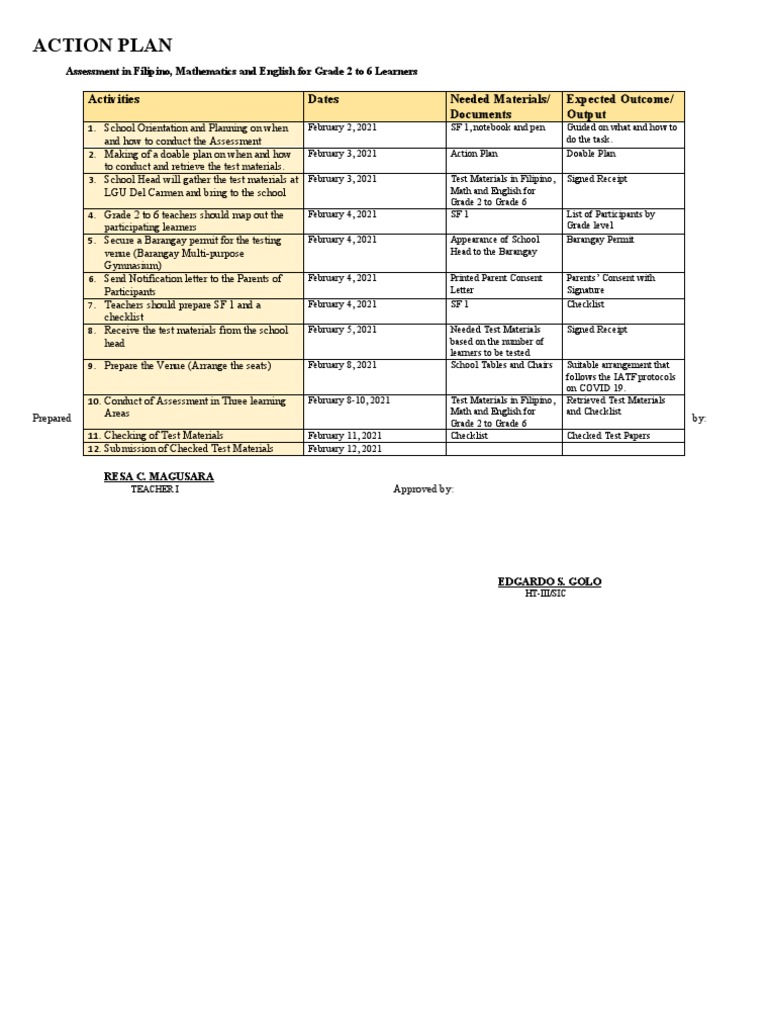 Action Plan: Activities Dates Needed Materials/ Documents Expected ...