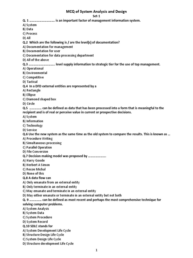 SAD Objective Questions Answers | PDF | System | Business