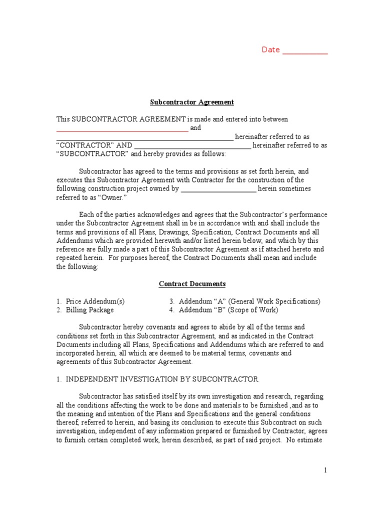 Subcontractor Agreement Template | PDF | Indemnity | Liability Insurance