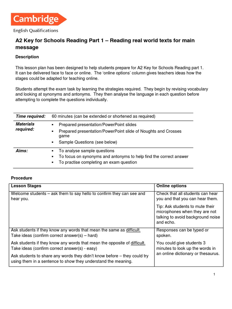 Online Teaching A2 Key For Schools Reading Part 1 | PDF | Question ...