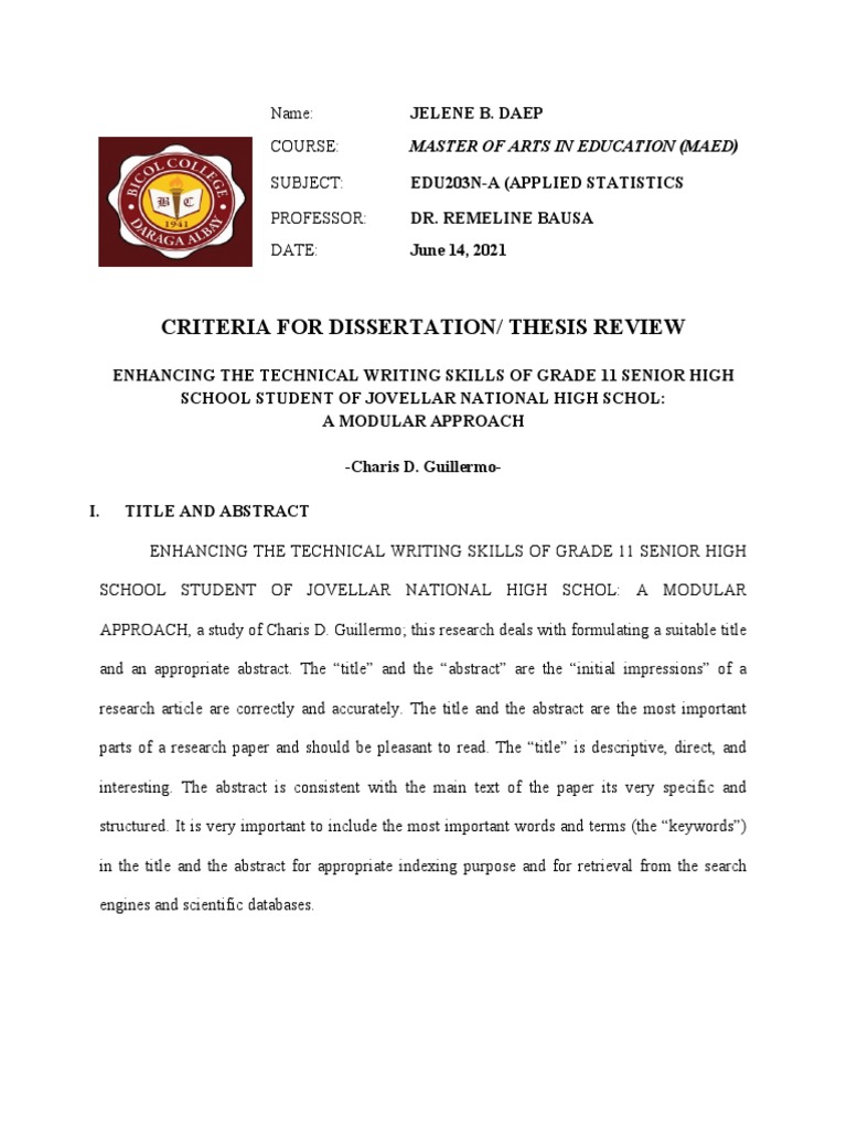 Criteria For Dissertation/ Thesis Review: Master of Arts in Education ...