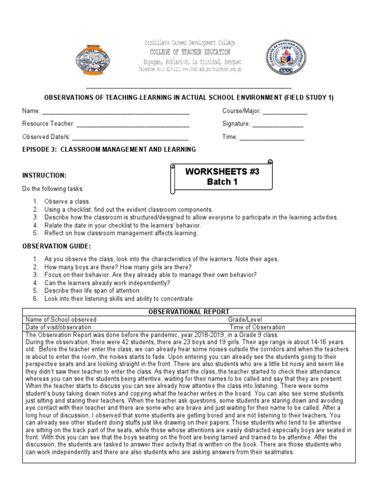 Worksheets #3 Batch 1: Observations of Teaching-Learning in Actual ...