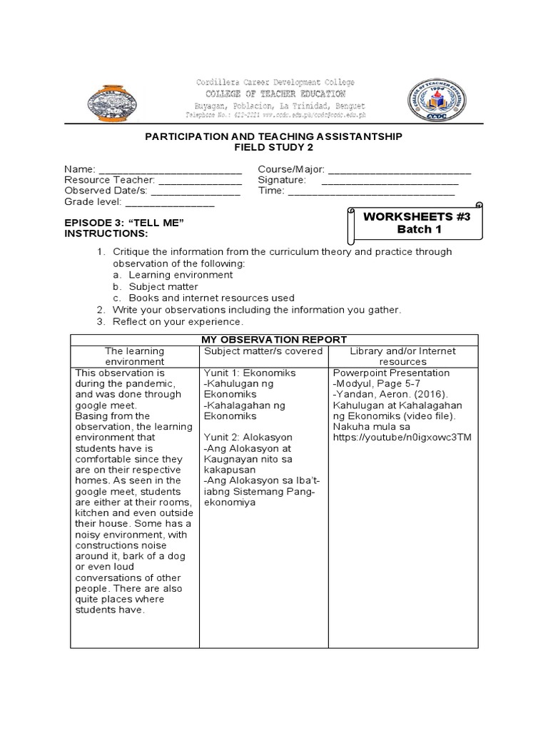 Participation and Teaching Assistantship Field Study 2: Worksheets #3 ...