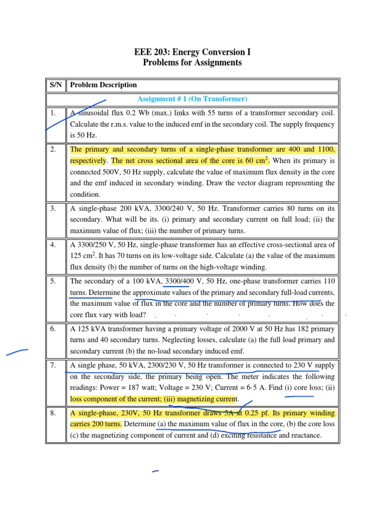EEE 203 Energy Conversion I - Problems For Assignments - Print | PDF | Transformer | Electric Motor