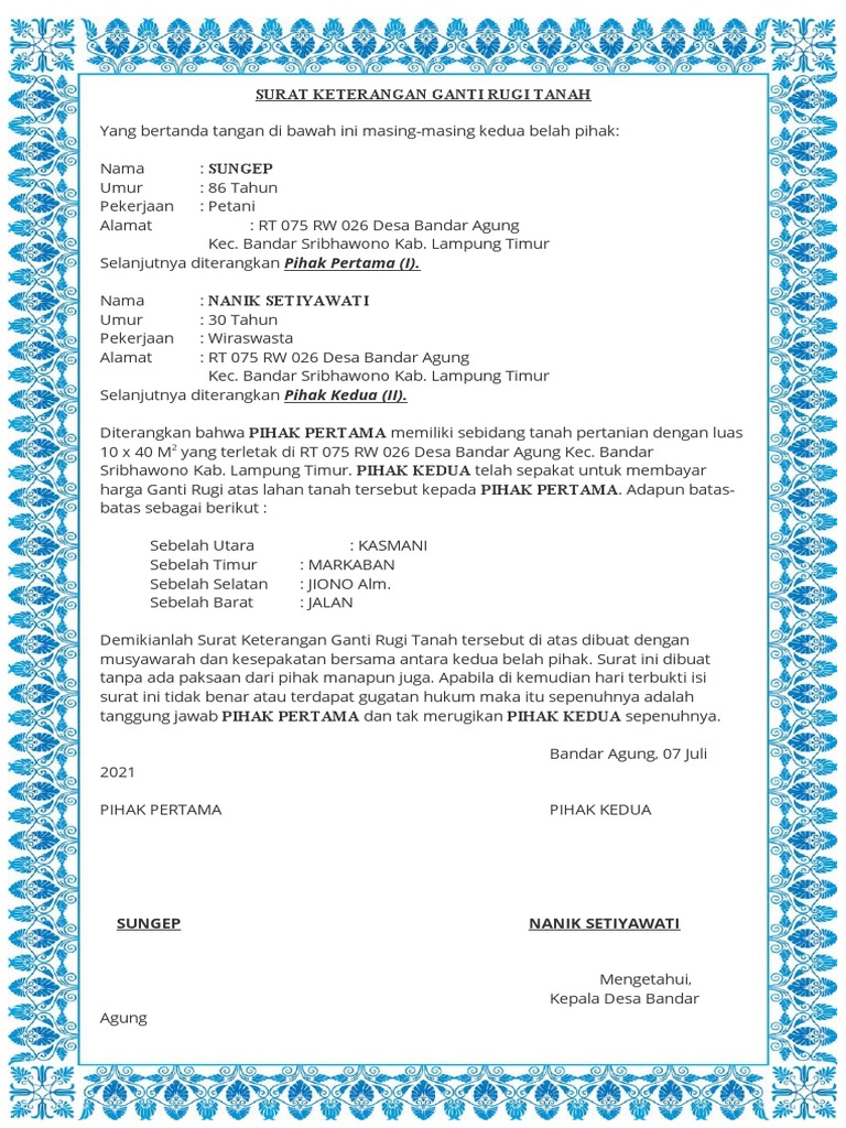 Surat Keterangan Ganti Rugi Tanah | PDF