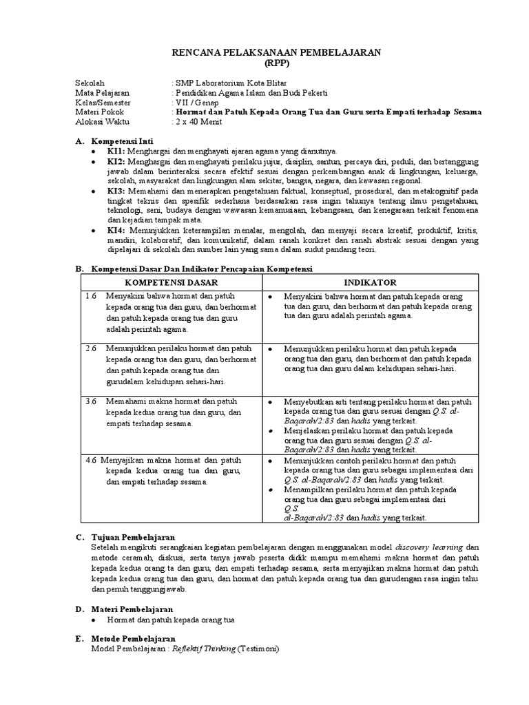 RPP SMP Menghormati Orang Tua Dan Guru | PDF
