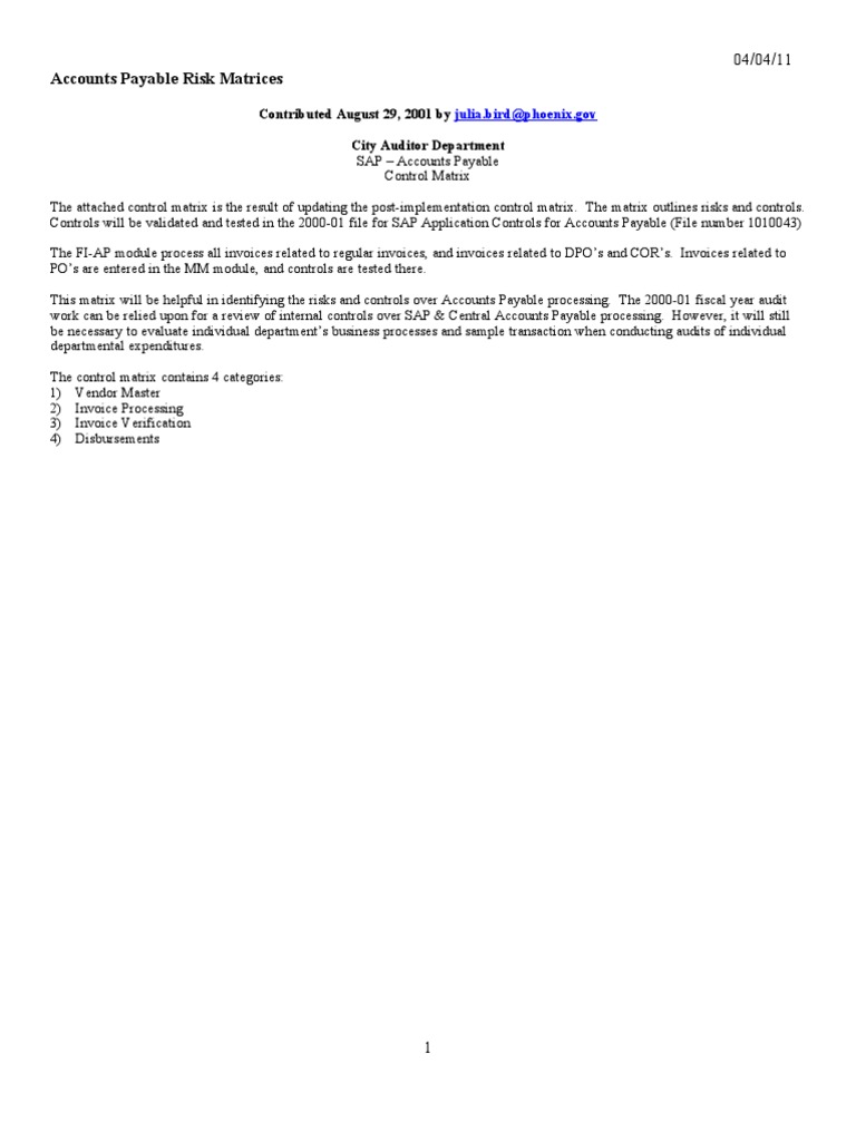 Sap R 3 Accounts Payable Matrix | PDF | Accounts Payable | Audit