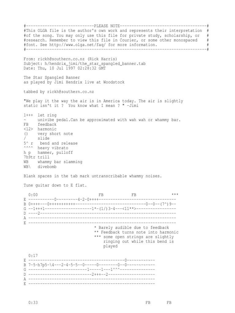 Hendrix's Star Spangled Banner Tab | PDF | Necked Lutes | European ...