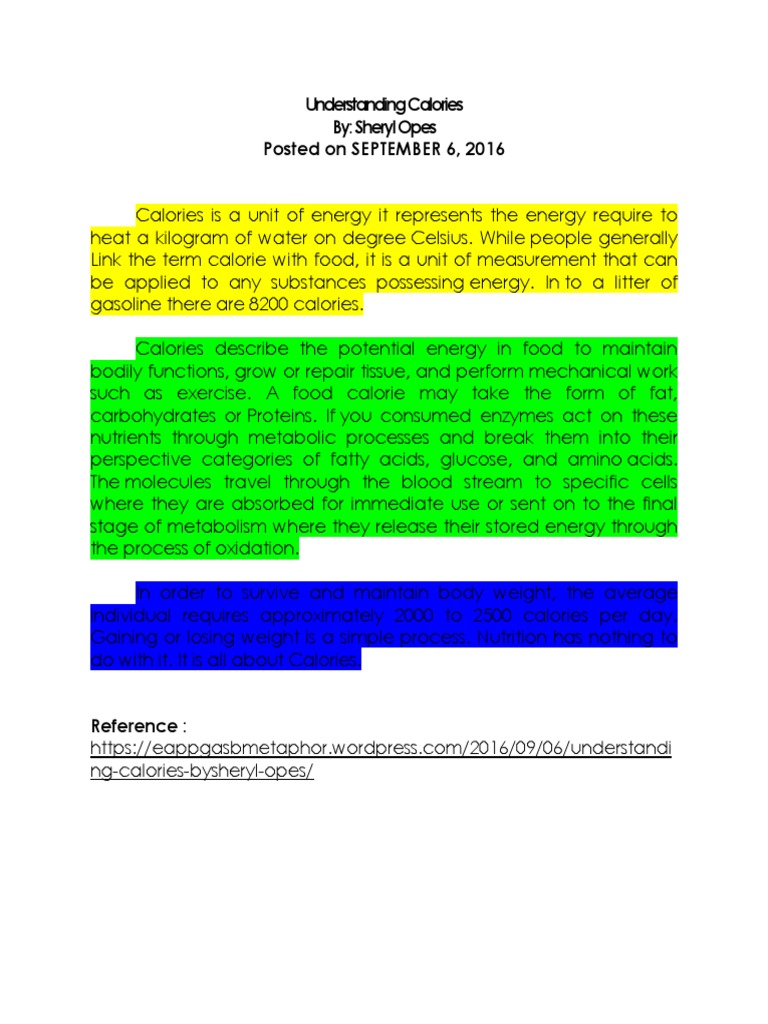 Understanding Calories Reading Text Guide Questions PARK | PDF ...