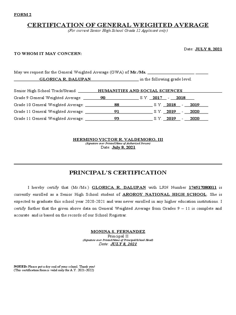 Certification of General Weighted Average | PDF
