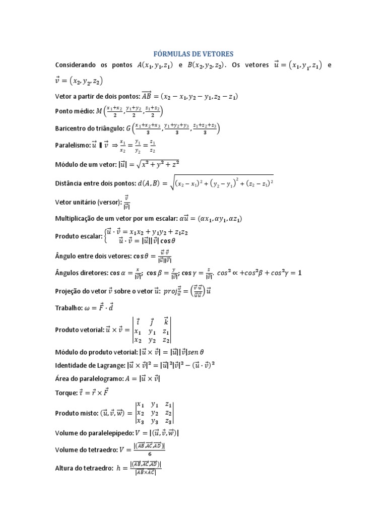 Fórmulas de Vetores | PDF | Vetor euclidiano | Matemática elementar