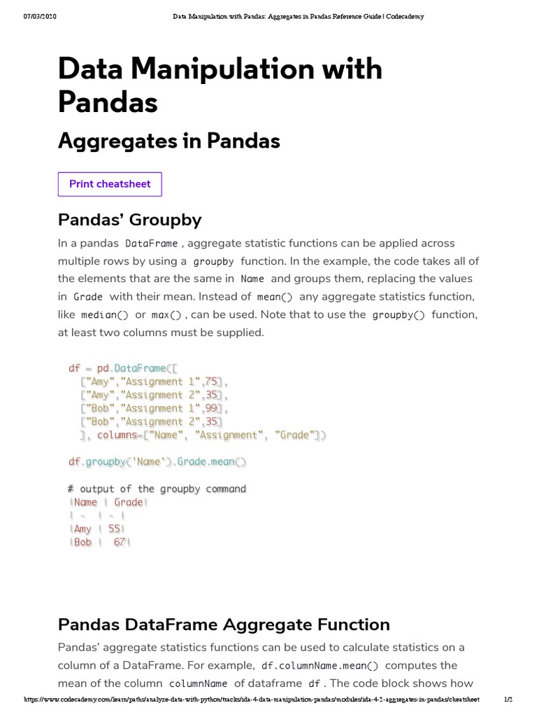 Data Manipulation With Pandas - Aggregates in Pandas Reference Guide ...