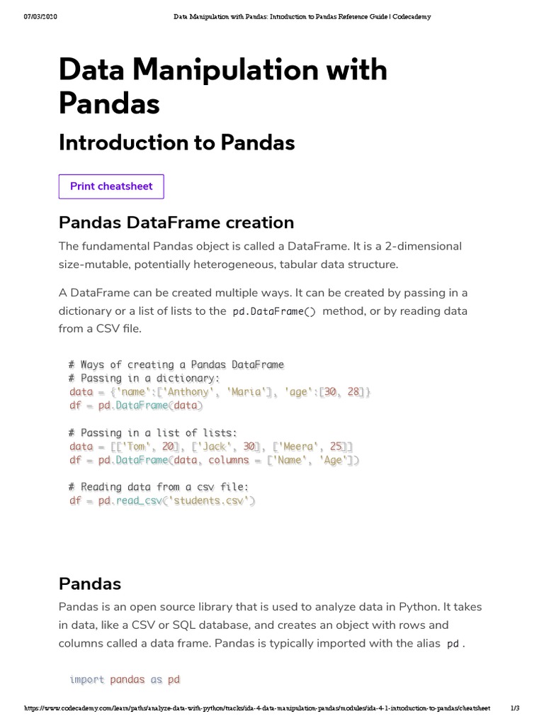 Data Manipulation With Pandas - Introduction To Pandas Reference Guide - Codecademy | PDF ...