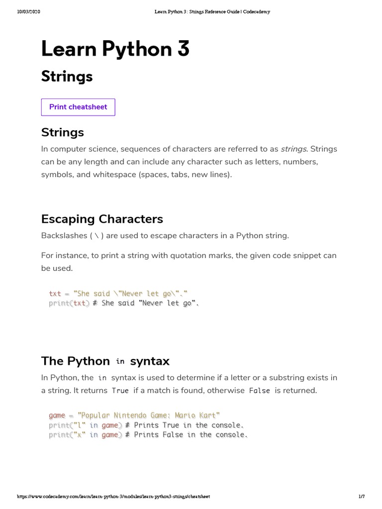 Learn Python 3 - Strings Reference Guide - Codecademy | PDF | String ...