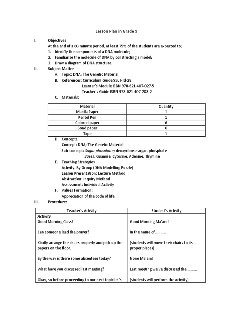 I. Objectives: Lesson Plan in Grade 9 | PDF | Dna | Nucleotides