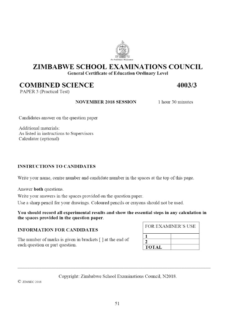 Zimsec O Level Combined Science November 2018 Past Exam Paper 3 .PDF - eLIBRARY | PDF