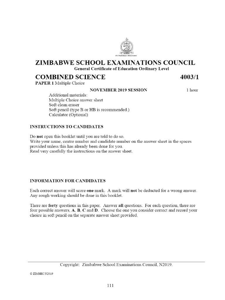 Zimsec O Level Combined Science November 2019 Past Exam Paper 1 .PDF ...